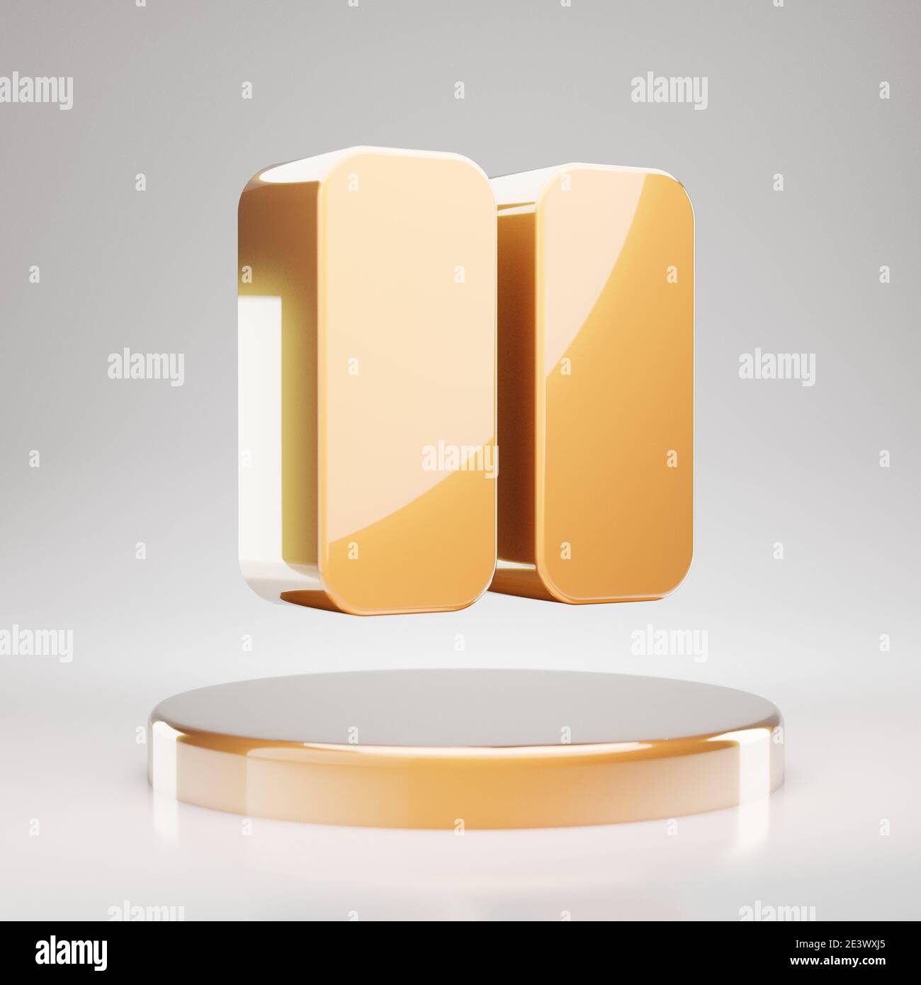 Pause icon. Yellow Gold Pause symbol on golden podium. 3D rendered ...
