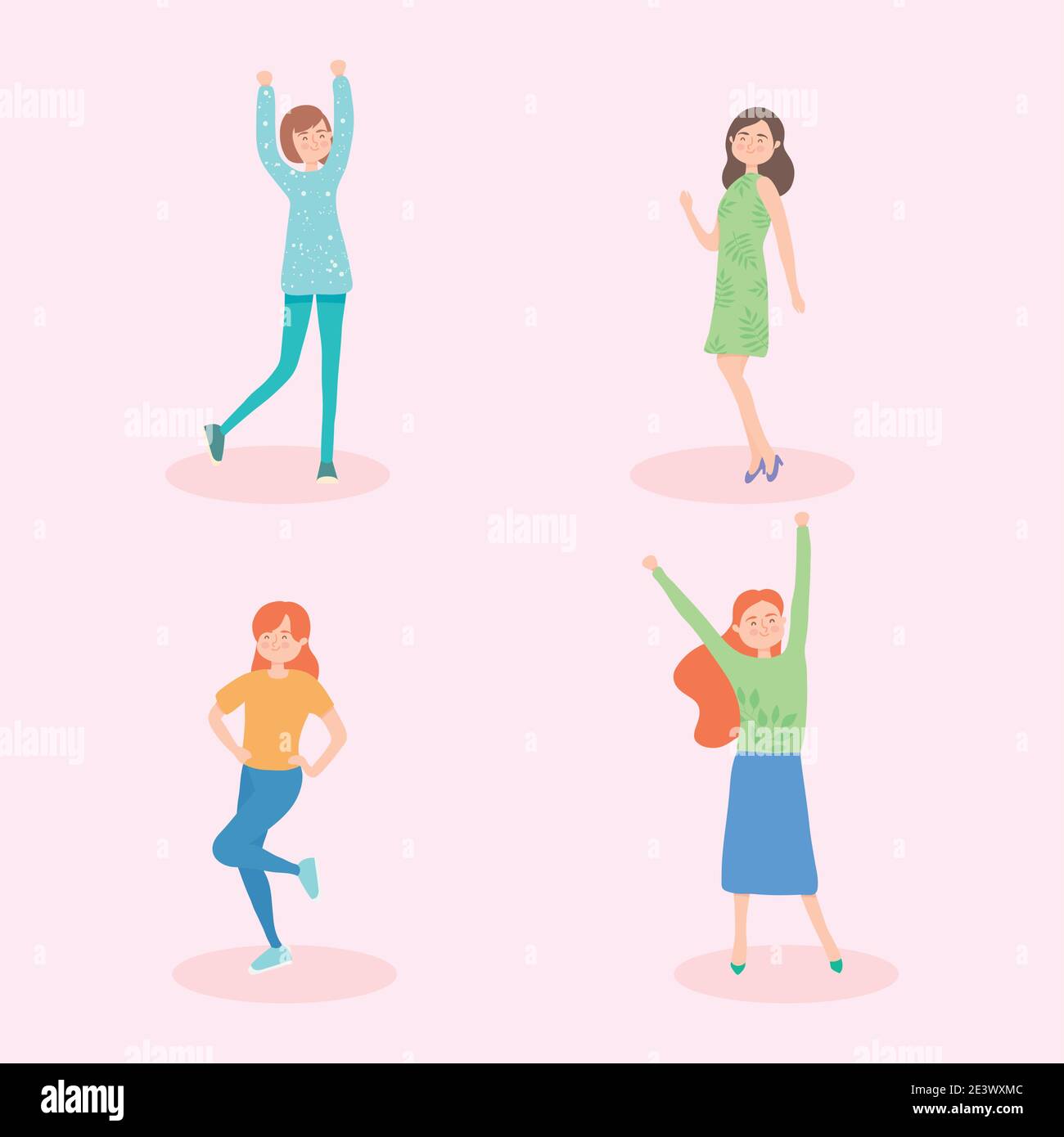 collection of happy women dancing over pink background, colorful design ...