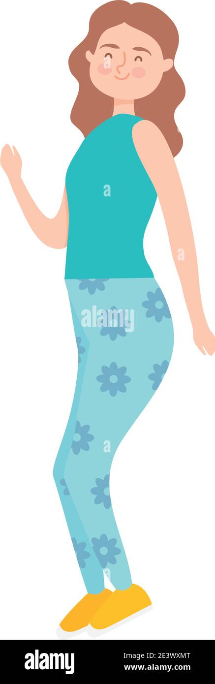 cartoon woman wearing blue blouse and floral pants over white ...