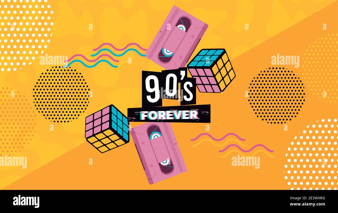 90s forever lettering with cube rubik and cassette in yellow background ...