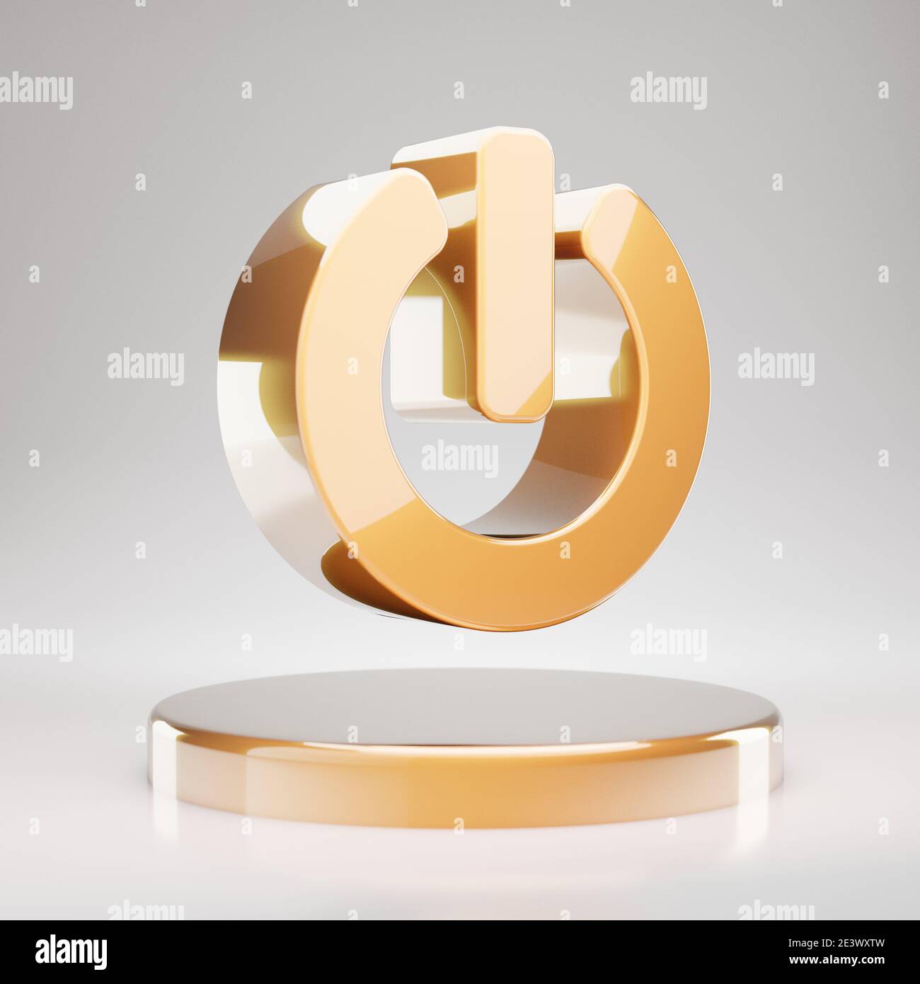 Power icon. Yellow Gold Power symbol on golden podium. 3D rendered ...
