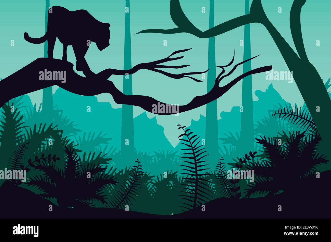 jungle wild nature green color landscape with cougar scene vector ...