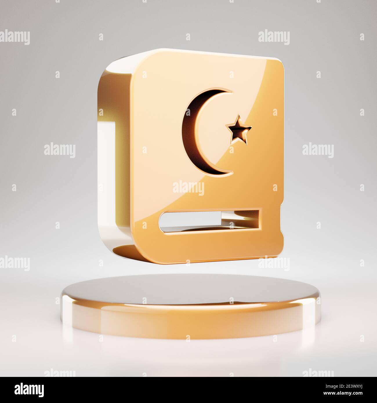 Quran icon. Yellow Gold Quran symbol on golden podium. 3D rendered ...