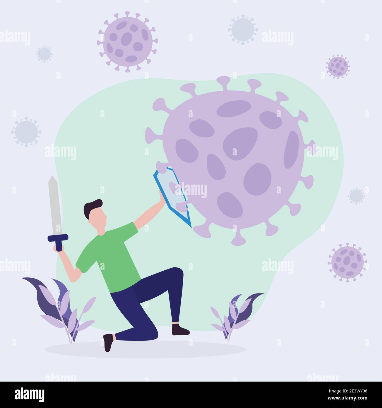 covid 19 virus fight and man with shield and sword fighting design of ...