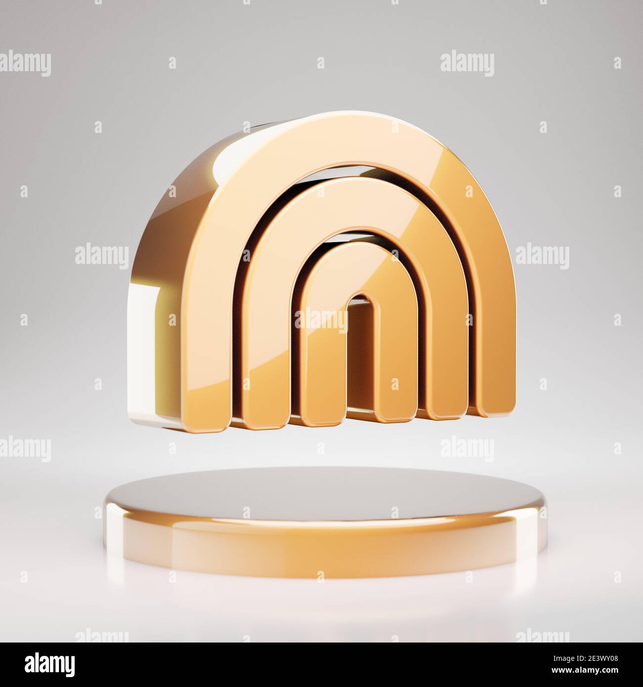 Rainbow icon. Yellow Gold Rainbow symbol on golden podium. 3D rendered ...