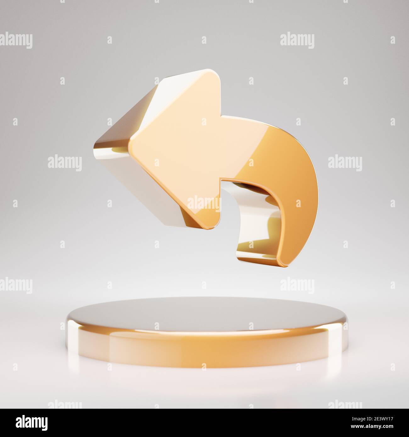 Reply icon. Yellow Gold Reply symbol on golden podium. 3D rendered ...