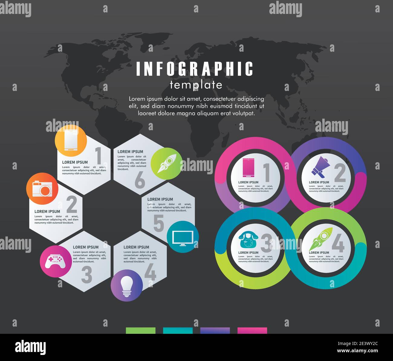 statistics infographics steps with earth maps in black background ...