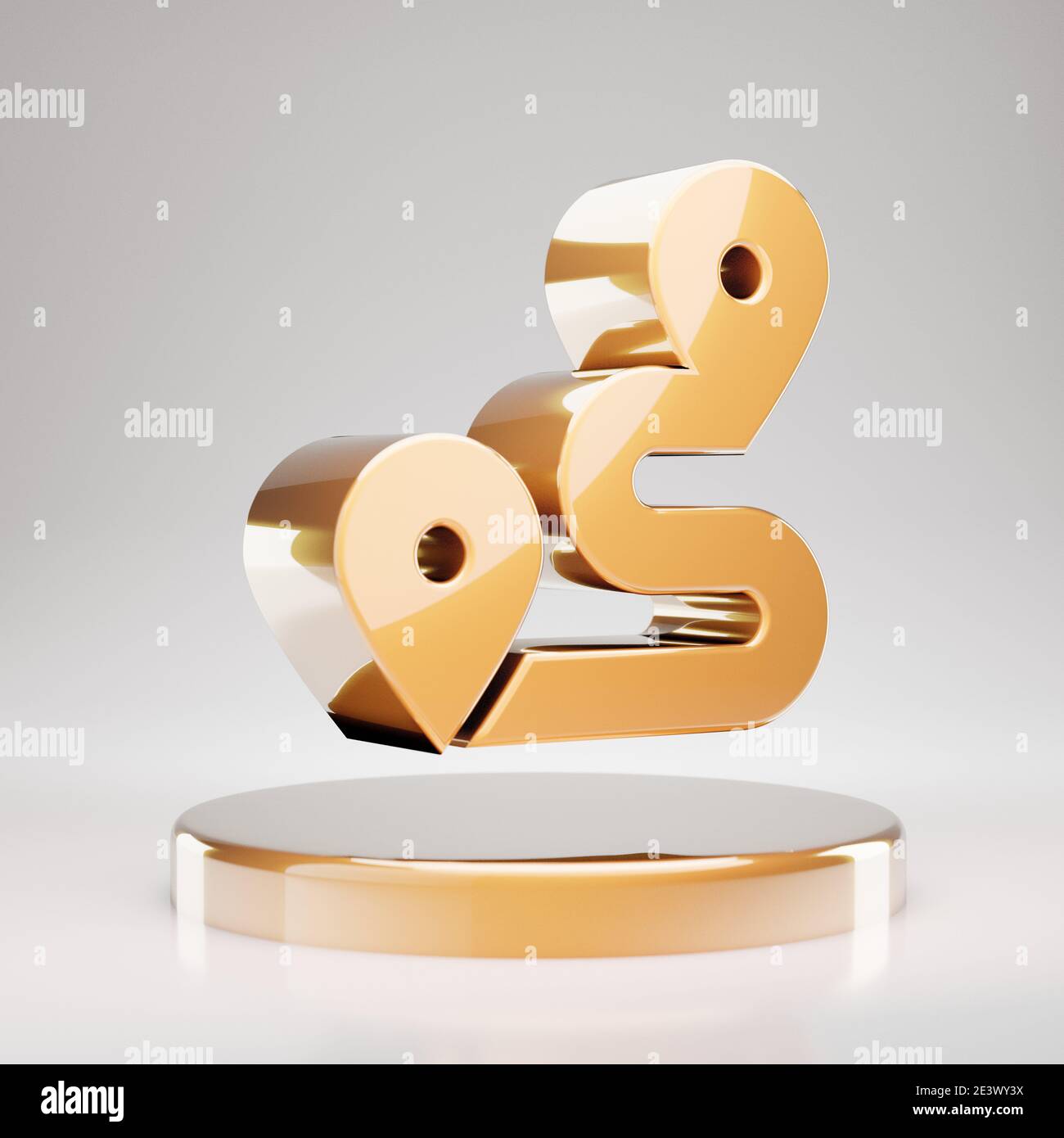 Route icon. Yellow Gold Route symbol on golden podium. 3D rendered ...