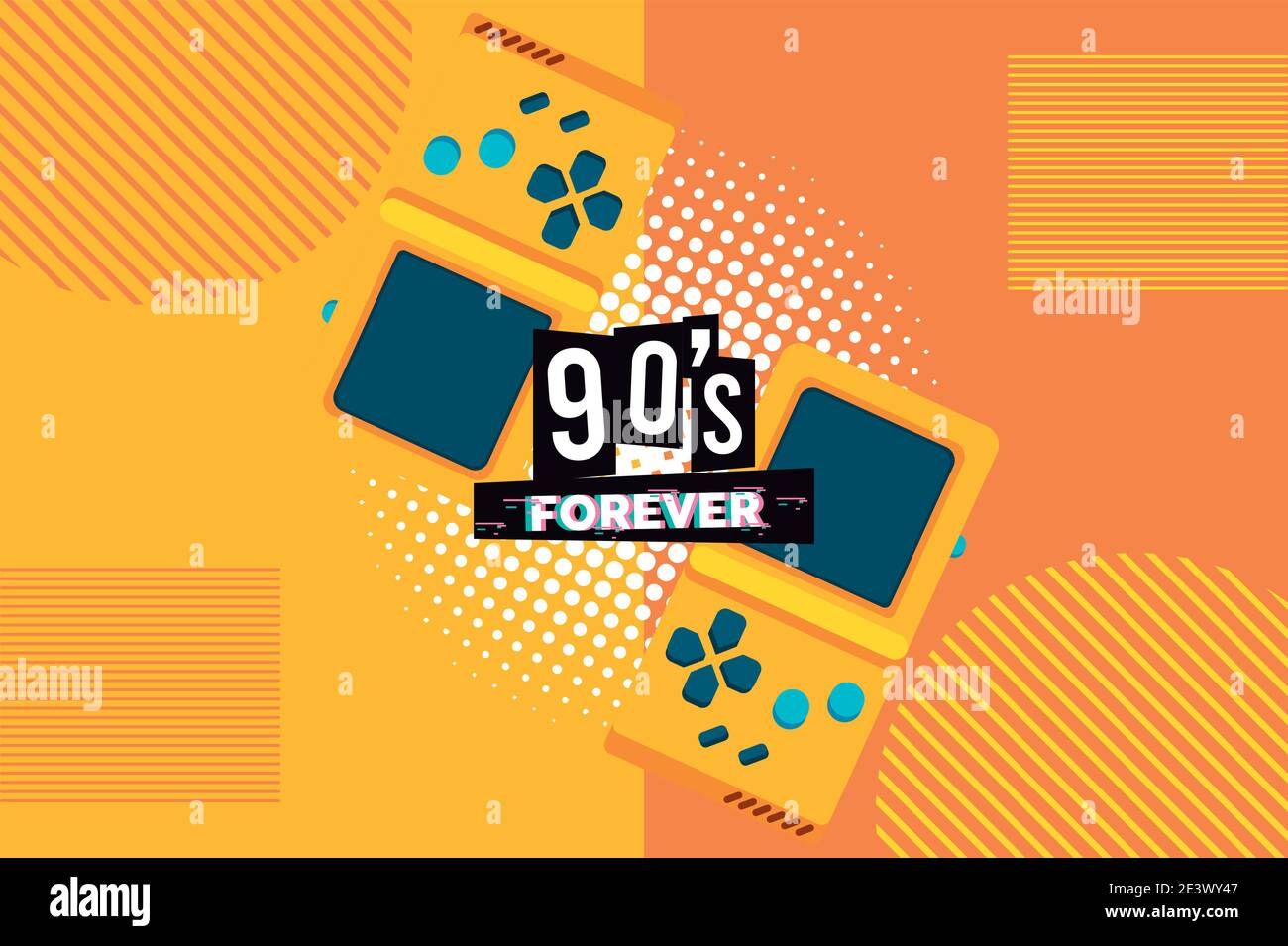 90s forever lettering with video games portables in yellow background ...