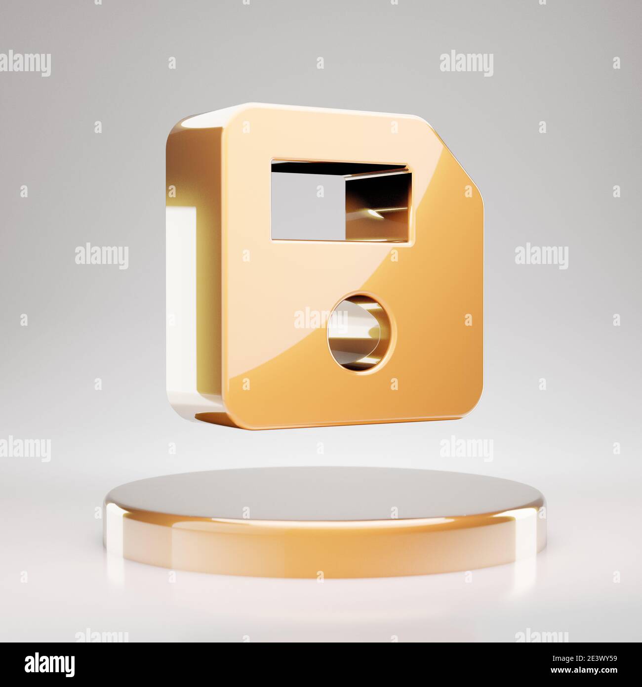 Save icon. Yellow Gold Save symbol on golden podium. 3D rendered Social ...