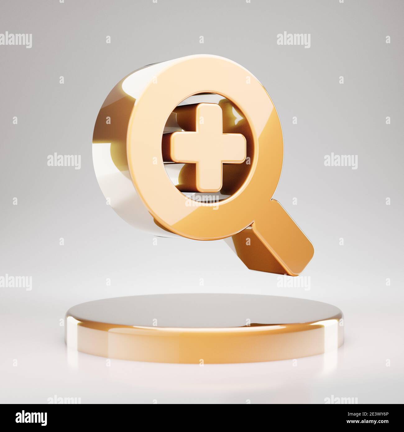 Zoom In icon. Yellow Gold Zoom In symbol on golden podium. 3D rendered ...
