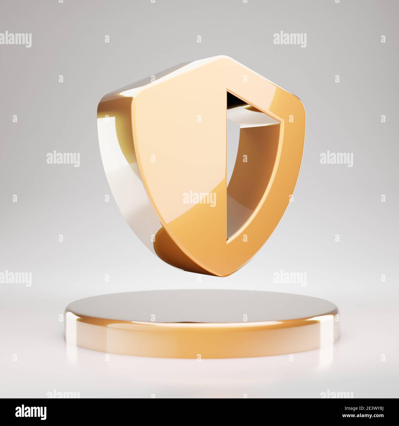 Shield icon. Yellow Gold Shield symbol on golden podium. 3D rendered ...