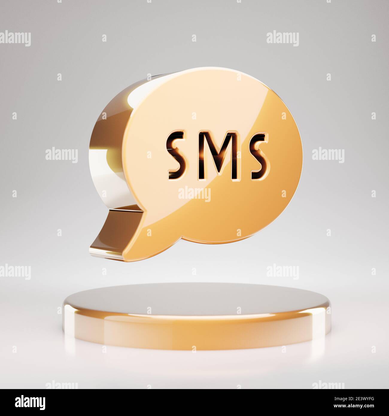 SMS icon. Yellow Gold SMS symbol on golden podium. 3D rendered Social ...