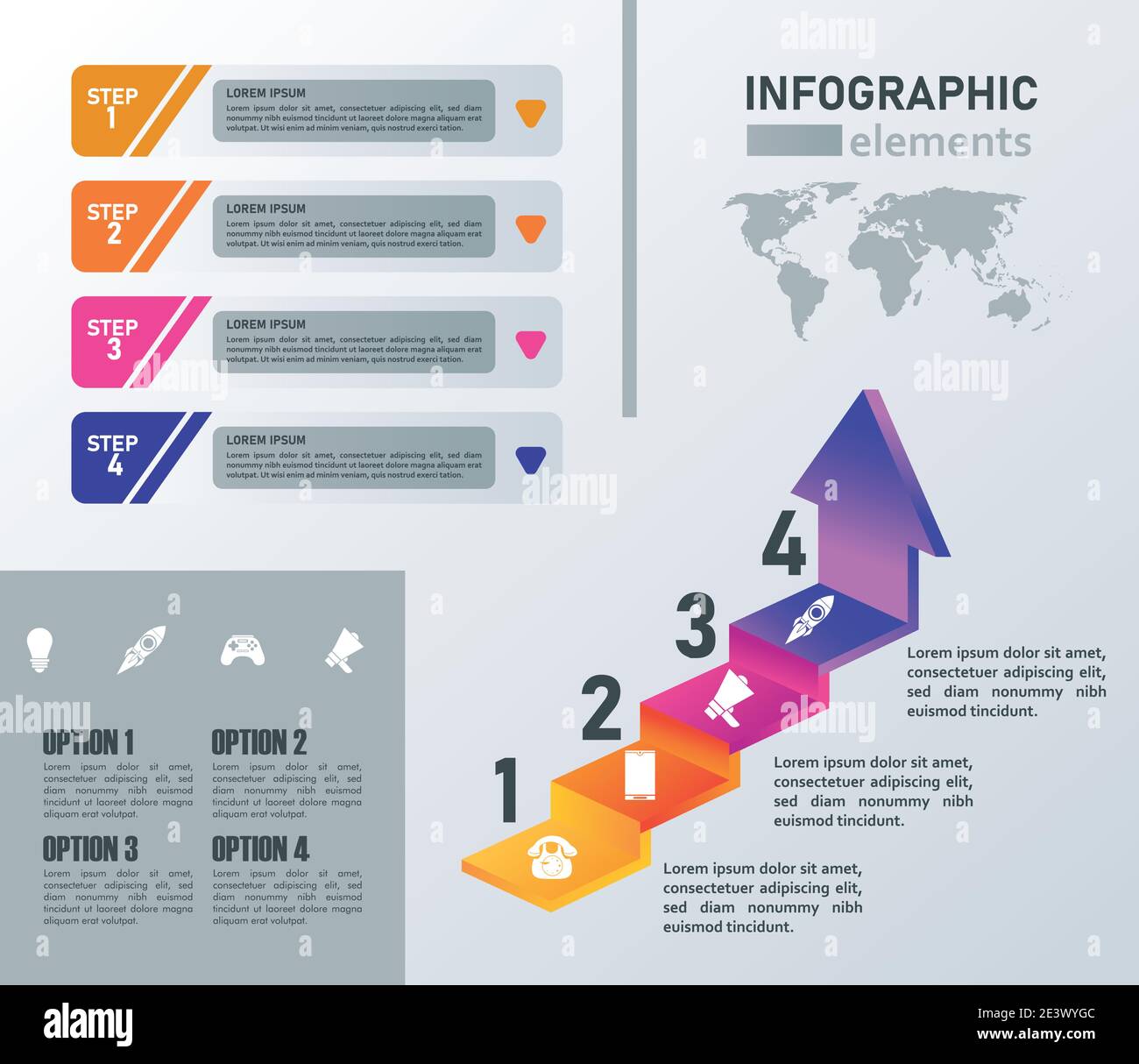 statistics infographics steps with arrow up and earth maps in gray ...