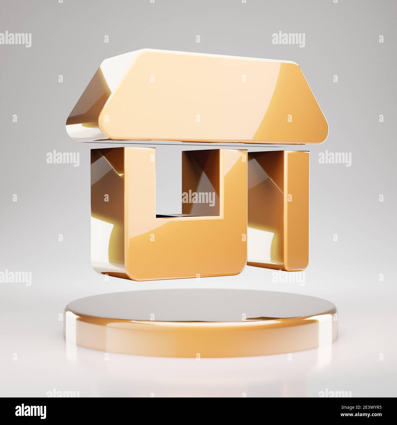 Shop icon. Yellow Gold Shop symbol on golden podium. 3D rendered Social ...