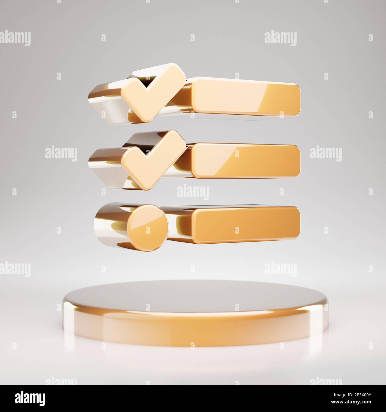 Tasks icon. Yellow Gold Tasks symbol on golden podium. 3D rendered ...