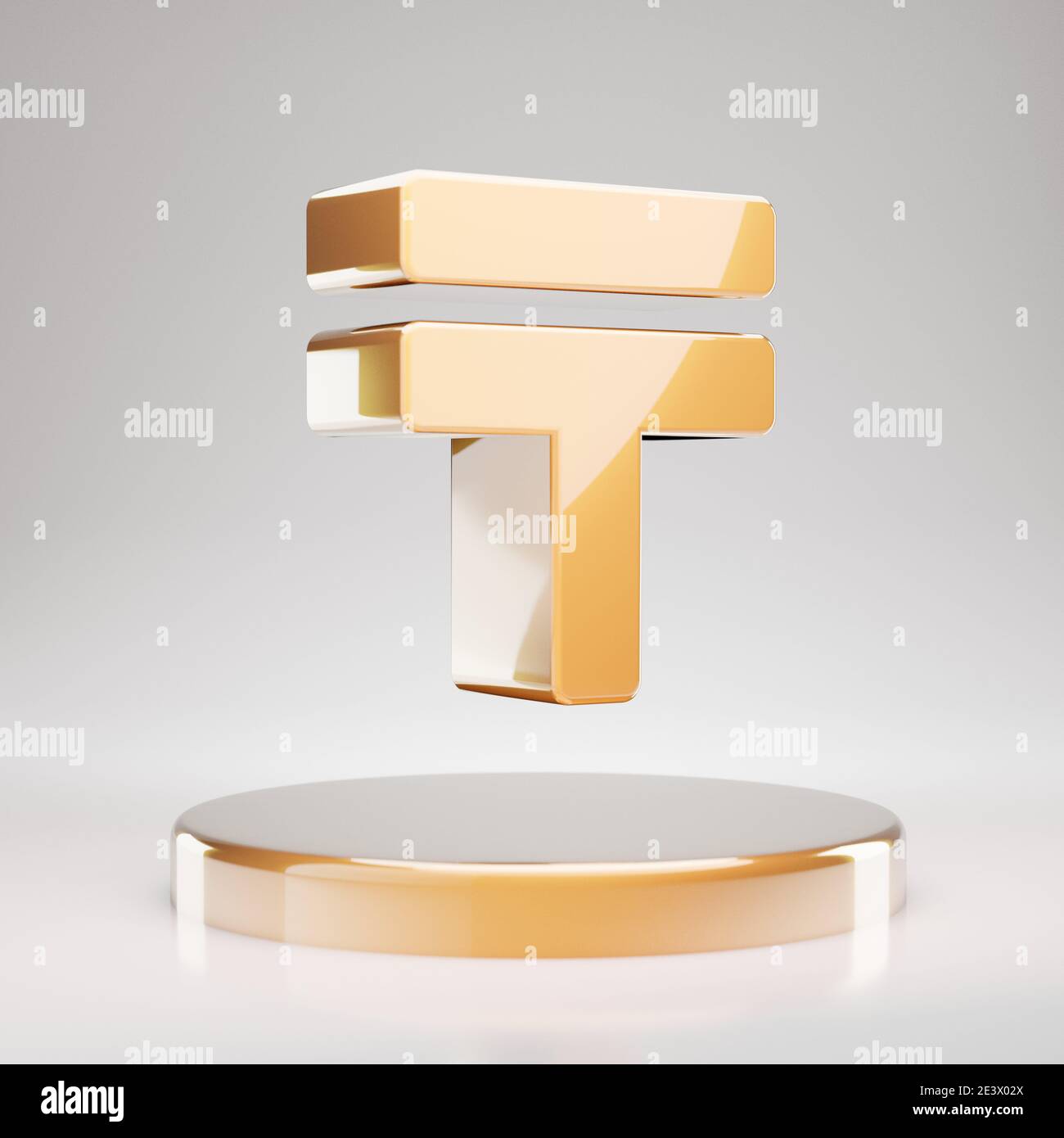 Tenge icon. Yellow Gold Tenge symbol on golden podium. 3D rendered ...