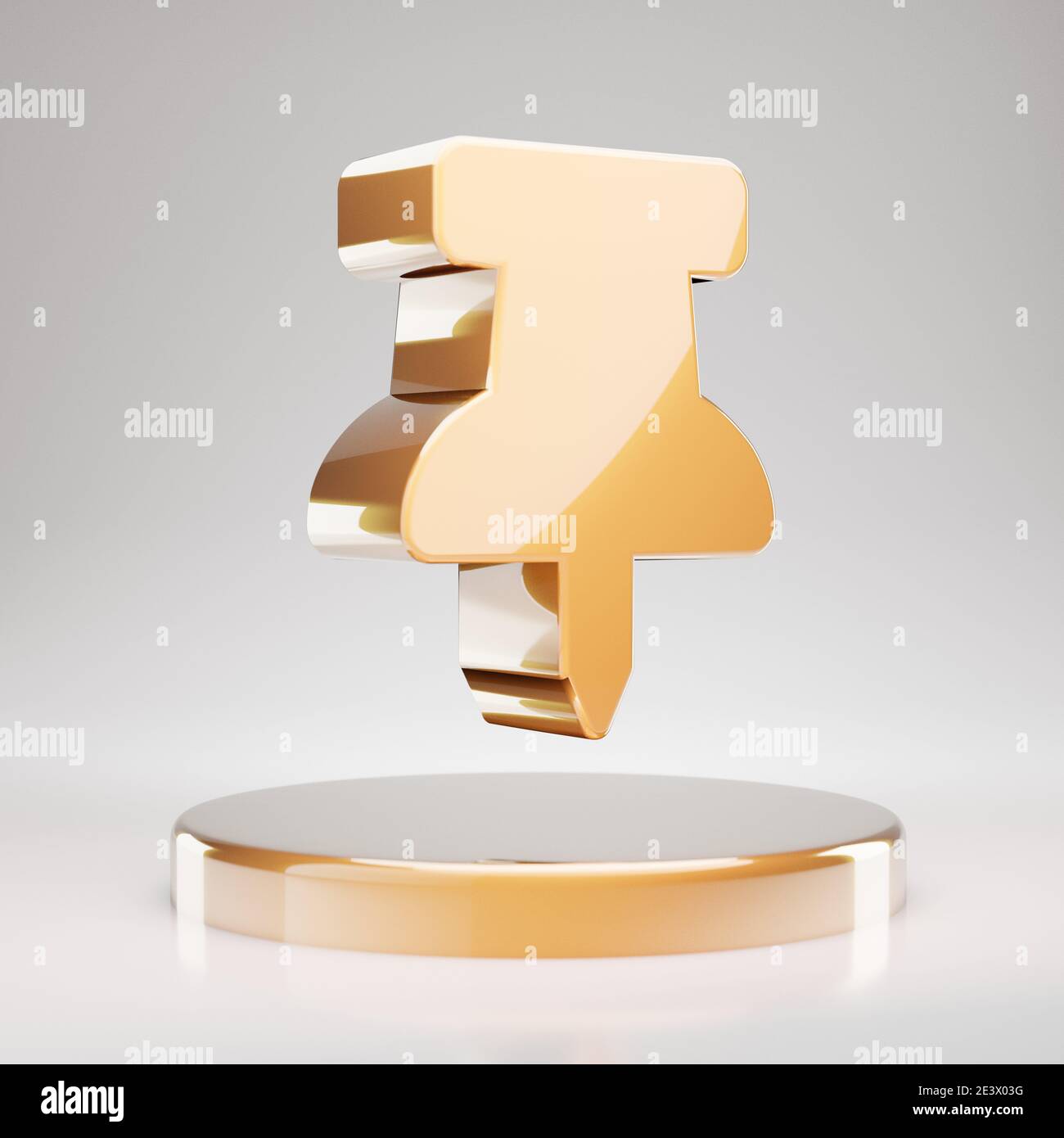 Thumbtack icon. Yellow Gold Thumbtack symbol on golden podium. 3D ...