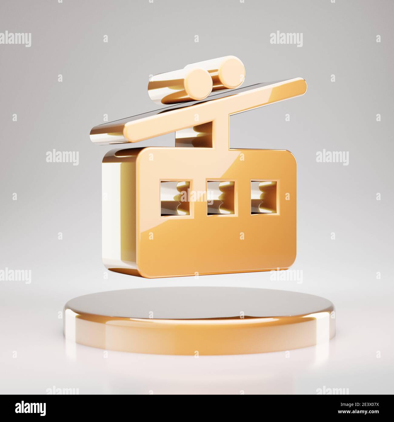 Tram icon. Yellow Gold Tram symbol on golden podium. 3D rendered Social ...