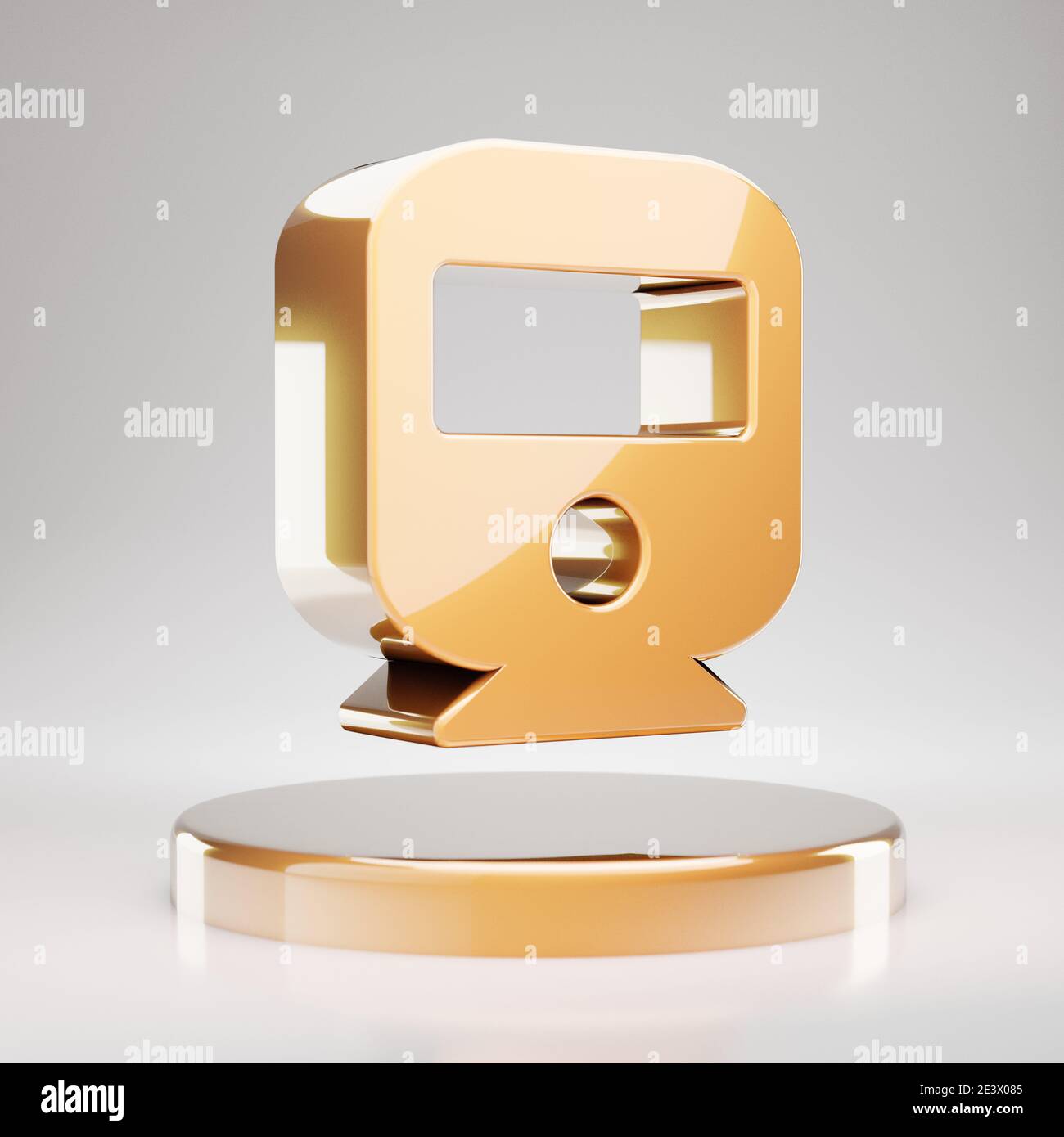 Train icon. Yellow Gold Train symbol on golden podium. 3D rendered ...