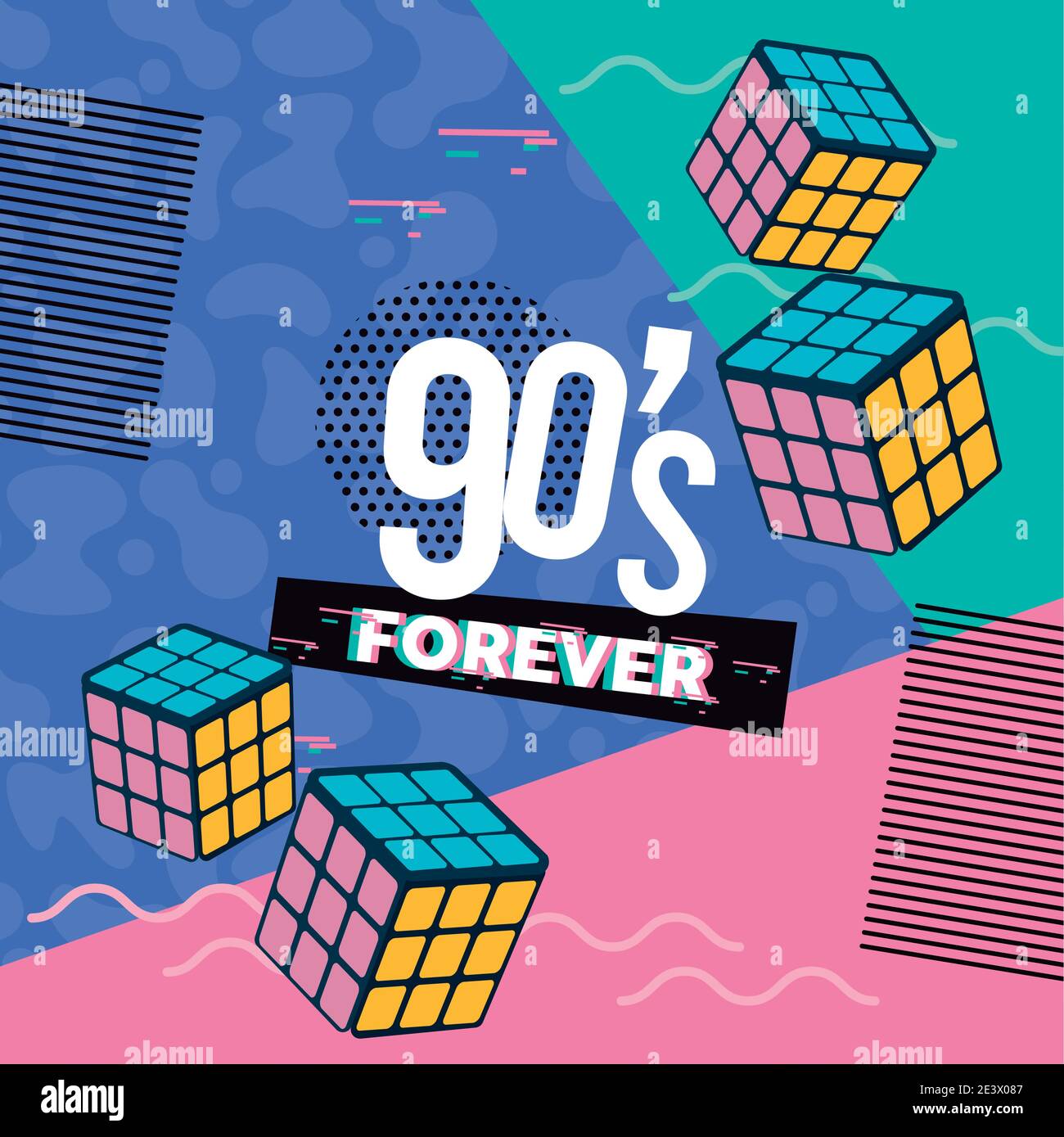 90s forever lettering with Rubik Cube abstract background vector ...