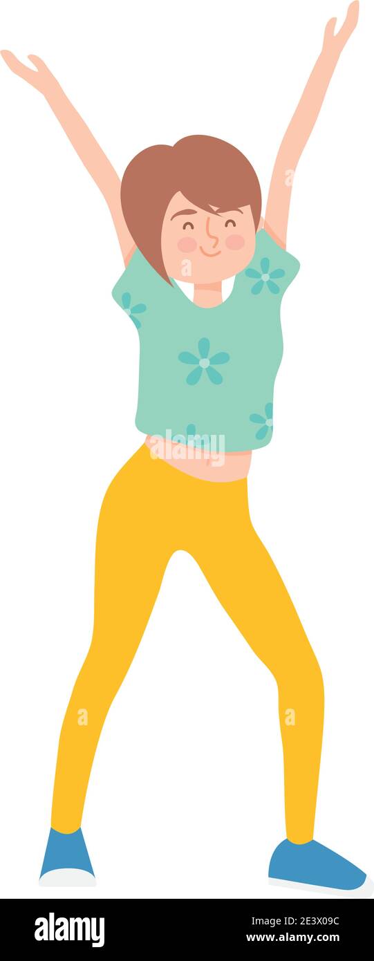 young woman with arms up over white background, colorful design, vector ...