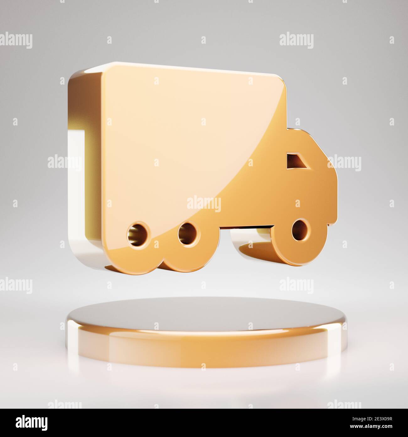 Moving Truck icon. Yellow Gold Moving Truck symbol on golden podium. 3D ...
