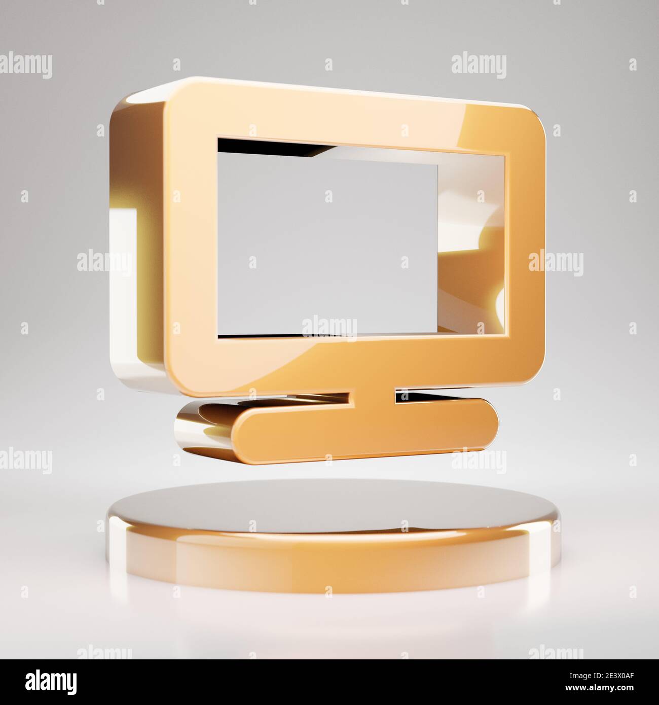 TV icon. Yellow Gold TV symbol on golden podium. 3D rendered Social ...