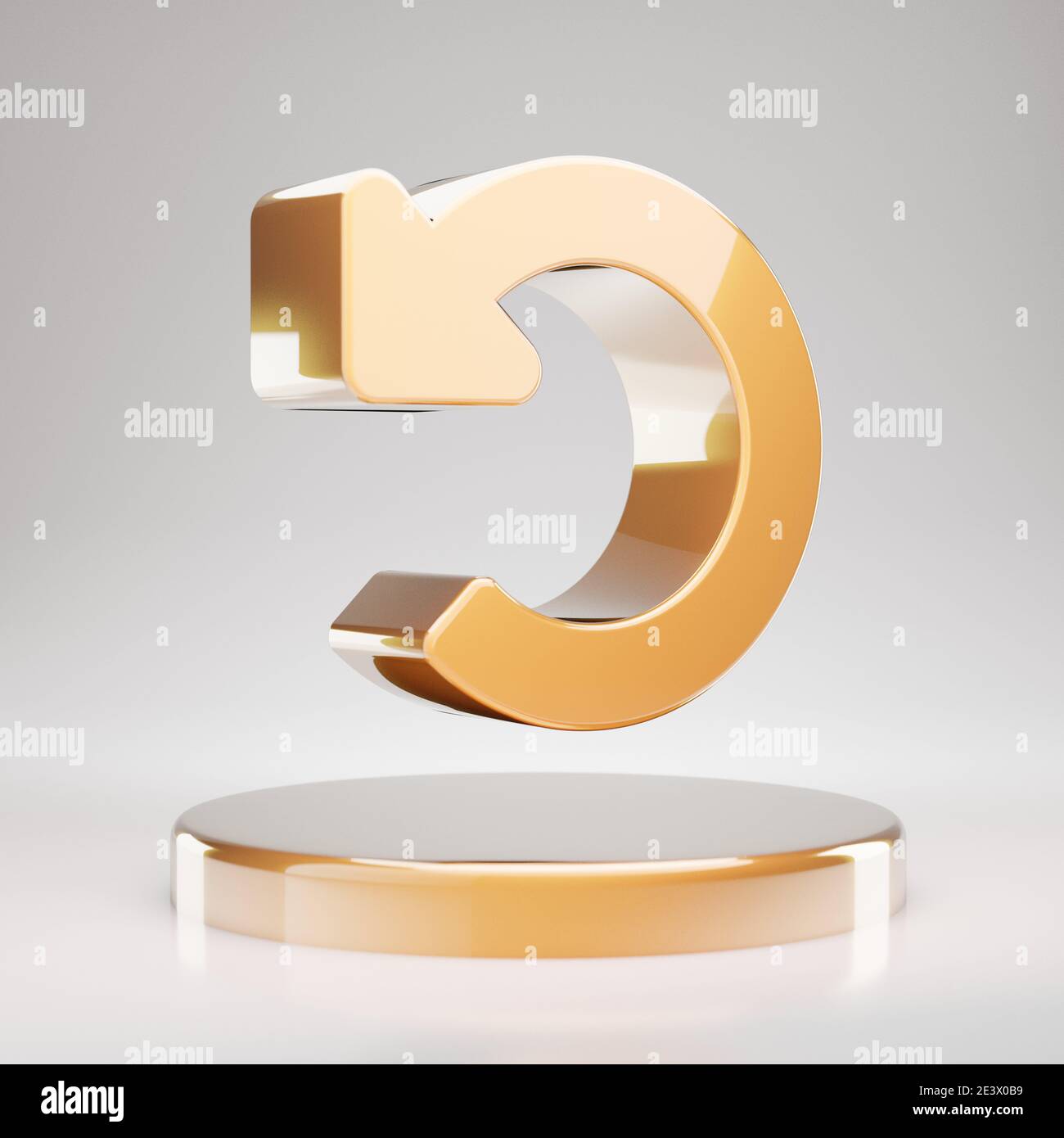 Undo icon. Yellow Gold Undo symbol on golden podium. 3D rendered Social ...