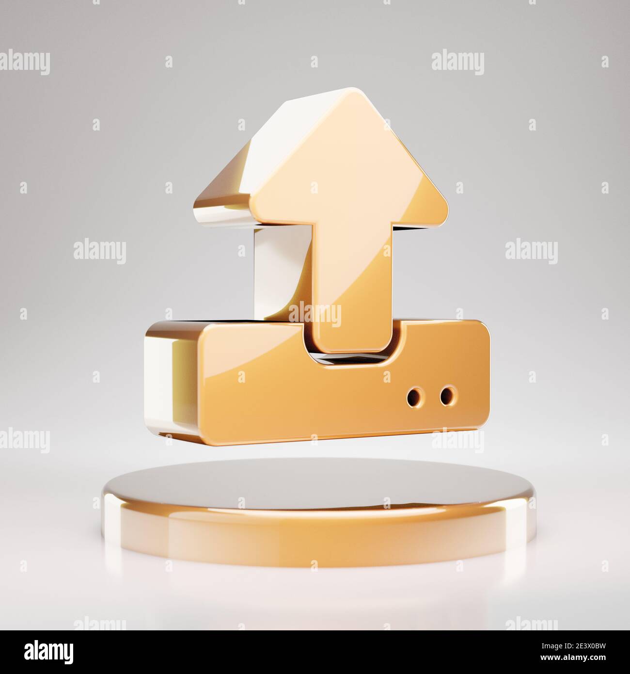 Upload icon. Yellow Gold Upload symbol on golden podium. 3D rendered ...