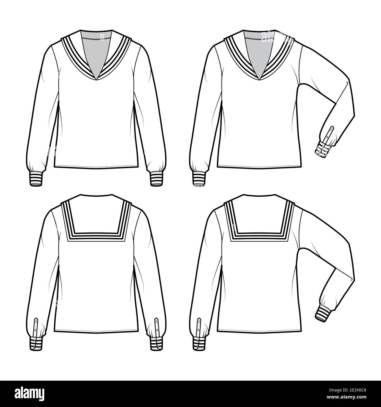 Set of shirts middy sailor suit technical fashion illustration with ...