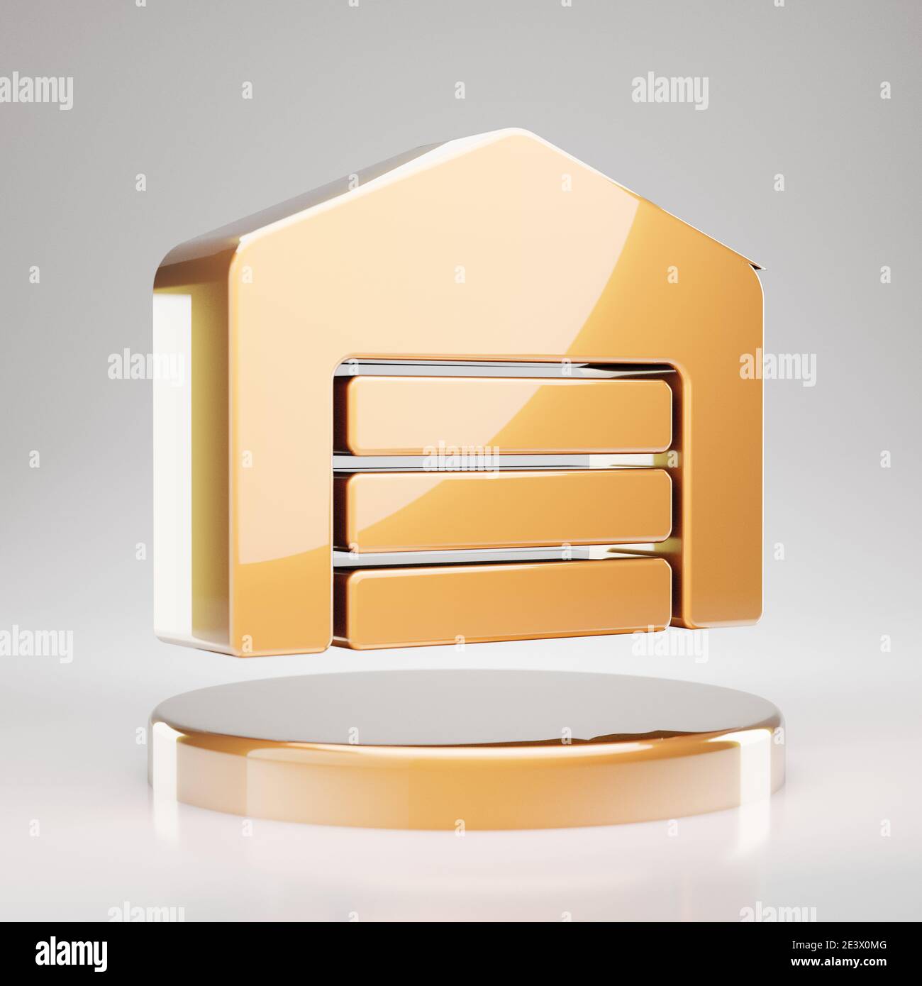 Warehouse icon. Yellow Gold Warehouse symbol on golden podium. 3D ...