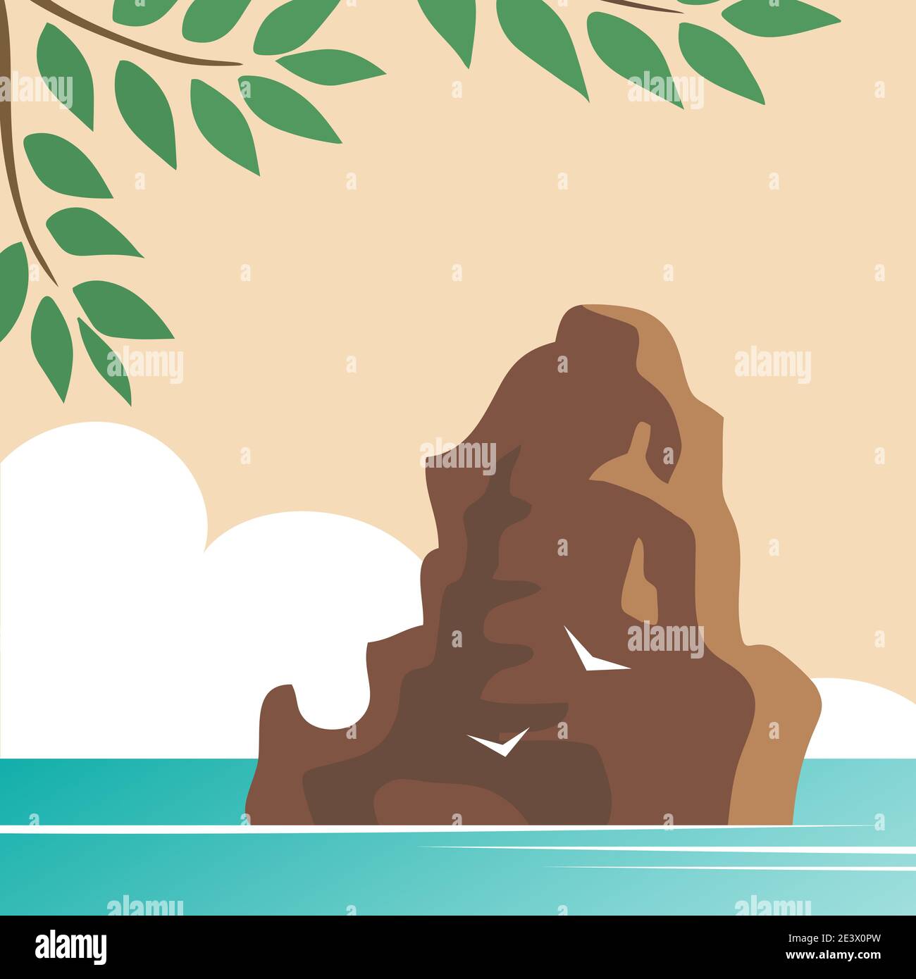 Summer seascape with rock, tree and seagulls. The beauty of the wild ...