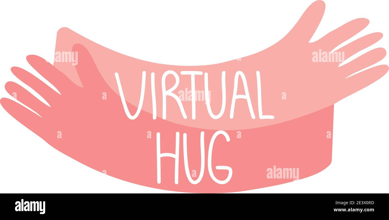 virtual hug lettering design with pink arms shapes over white ...