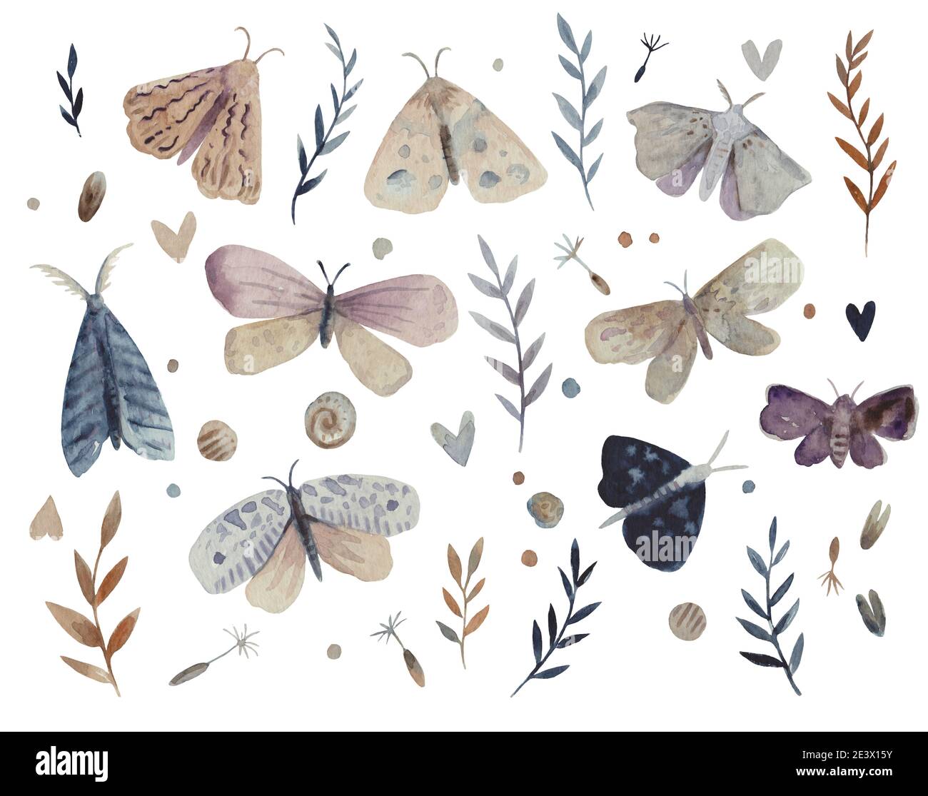 Collection of watercolor cute stylized abstract night moths and ...