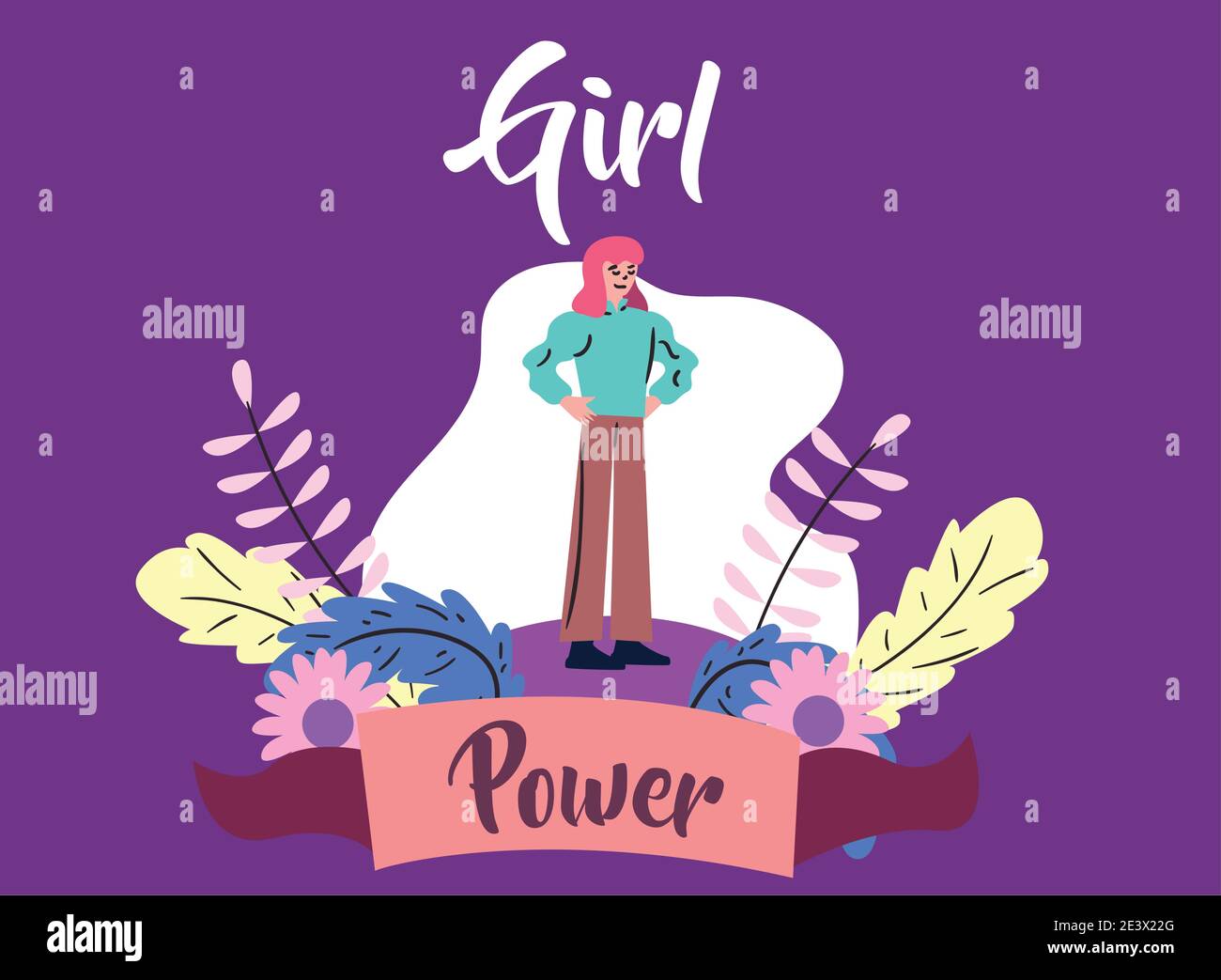 Girl power woman cartoon with leaves design of empowerment female ...