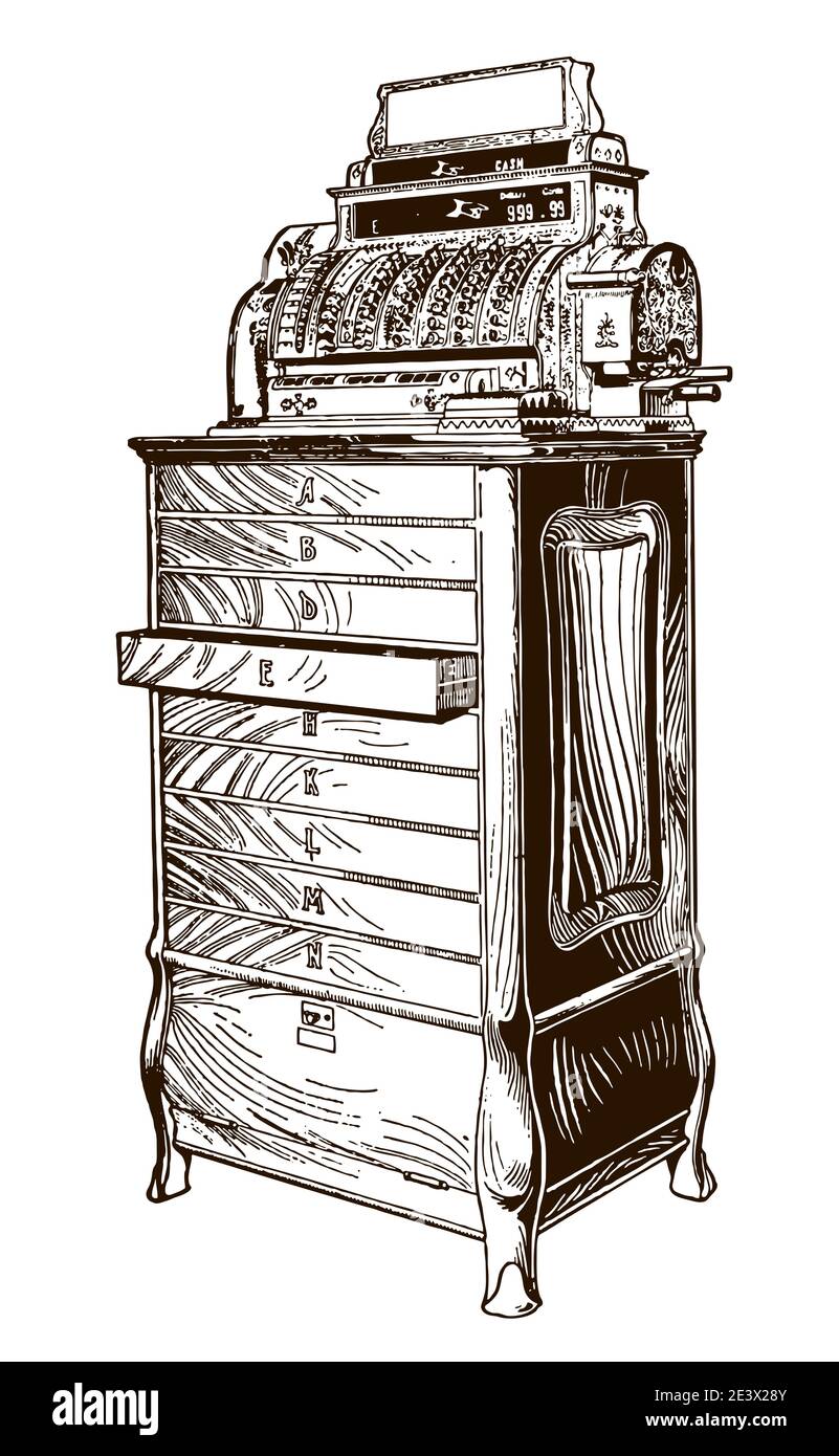 Antique cash register on drawer chest, in three-quarter view ...