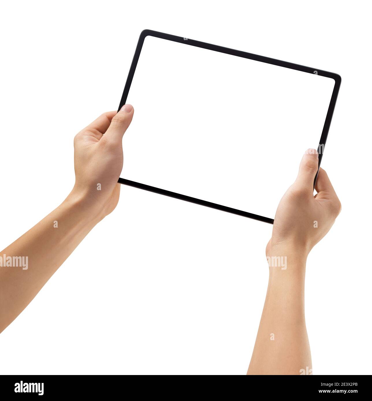 Men hands hold a tablet touch pad computer gadget isolated on white ...