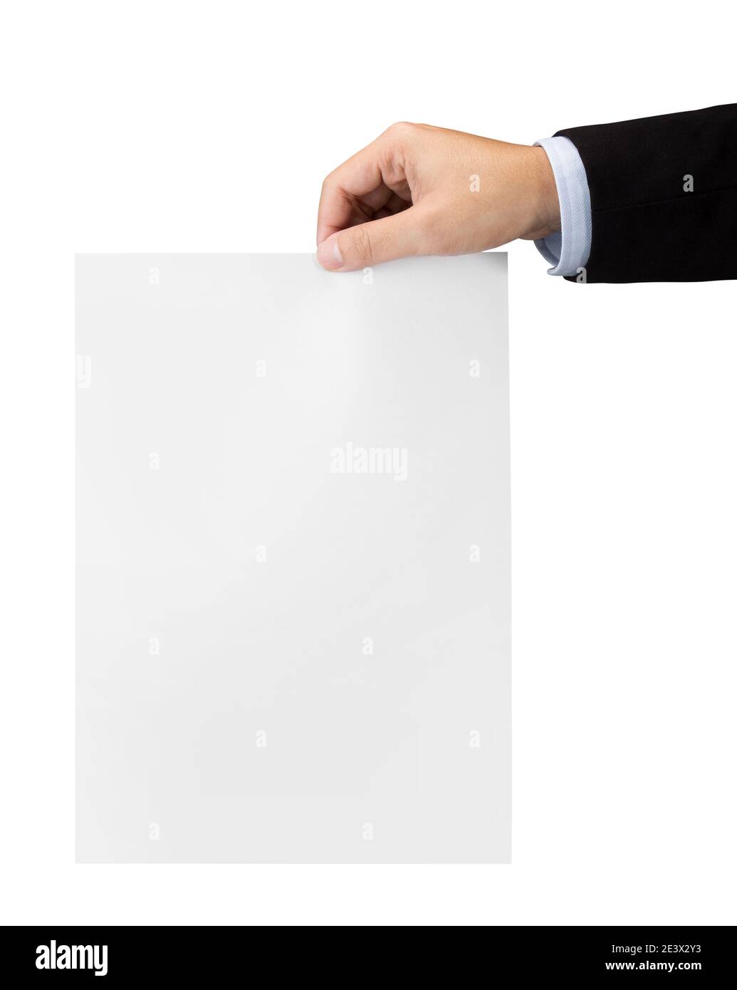 Hand with blank sheet of paper isolated on white with clipping path ...