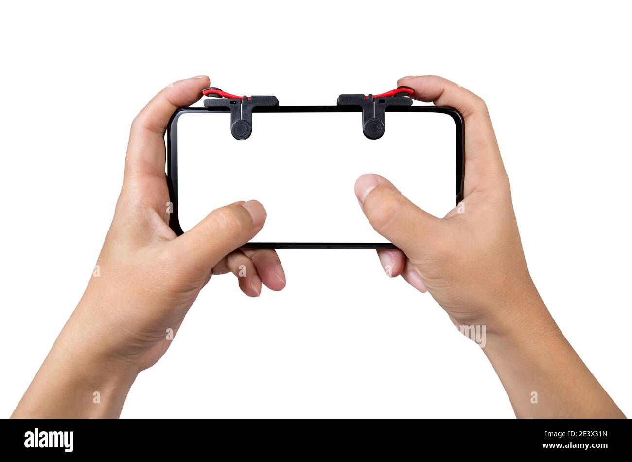 Hand holding mobile smart phone with blank screen and controller ...