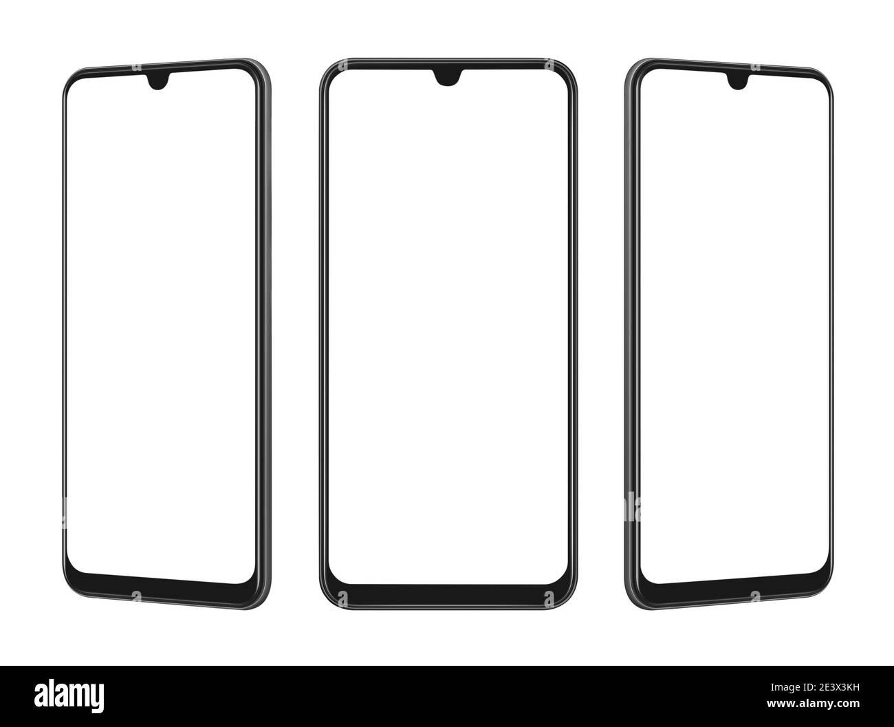 Front and perspective view of black smartphone with blank screen and ...