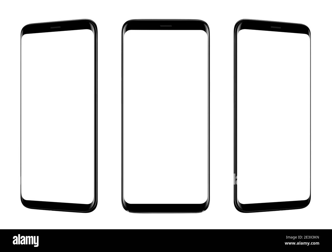 Front and perspective view of black smartphone with blank screen and ...