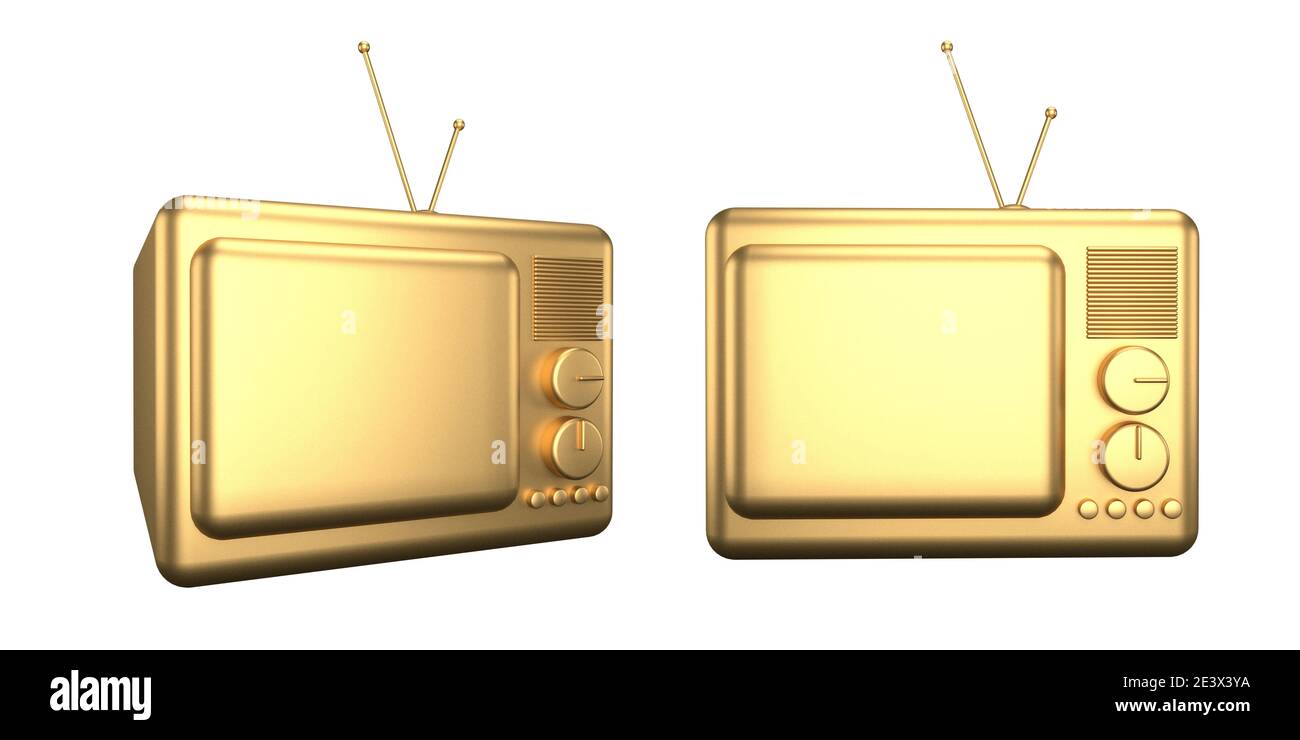 3d render of an old TV. Gold cartoon TV isolated on a white background ...