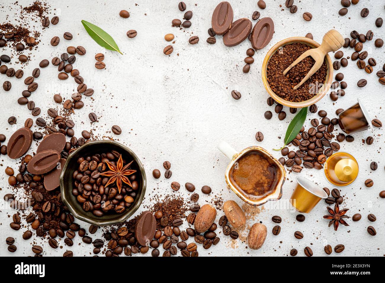 Background of various coffee , dark roasted coffee beans , ground and ...