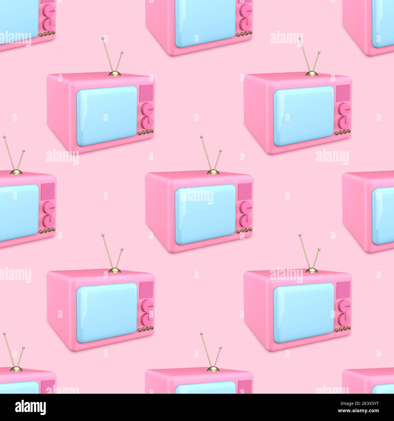 Seamless pattern 3d render of an old TV. Pink cartoon TV with blue ...