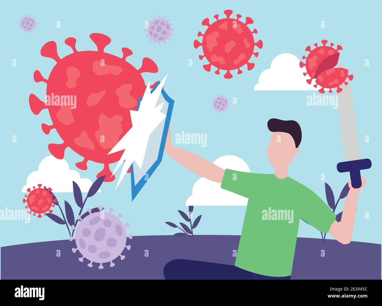 covid 19 virus fight and man with shield and sword outside design of ...