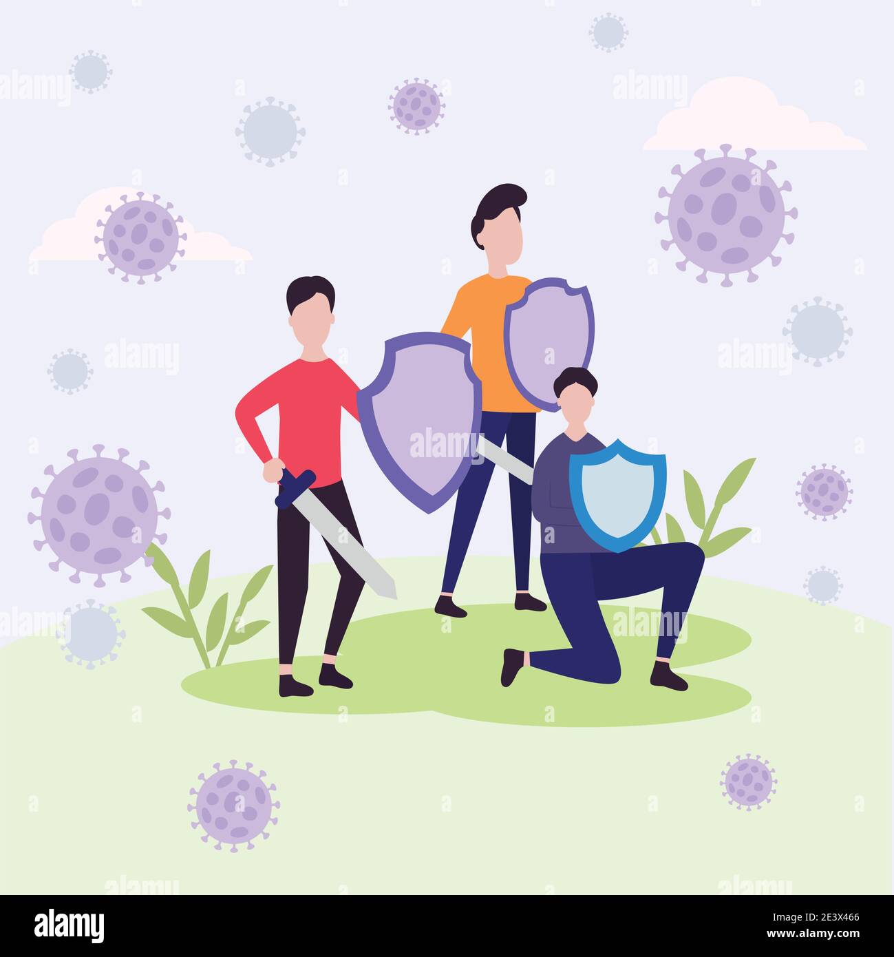 covid 19 virus fight and men with shields and swords outside design of ...