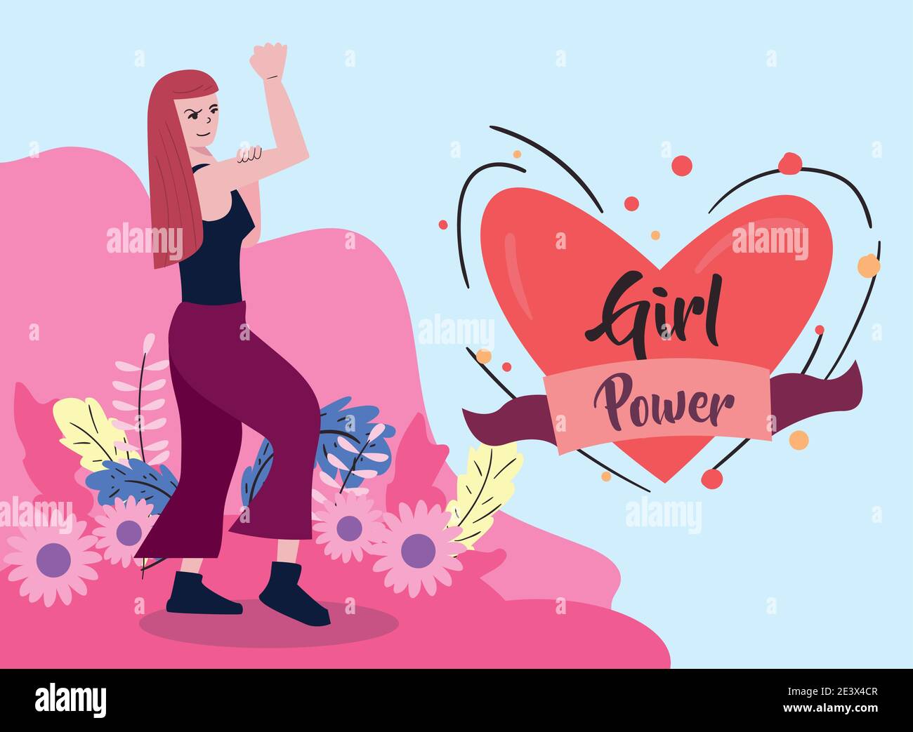 Girl power strong woman cartoon with heart and flowers design of ...