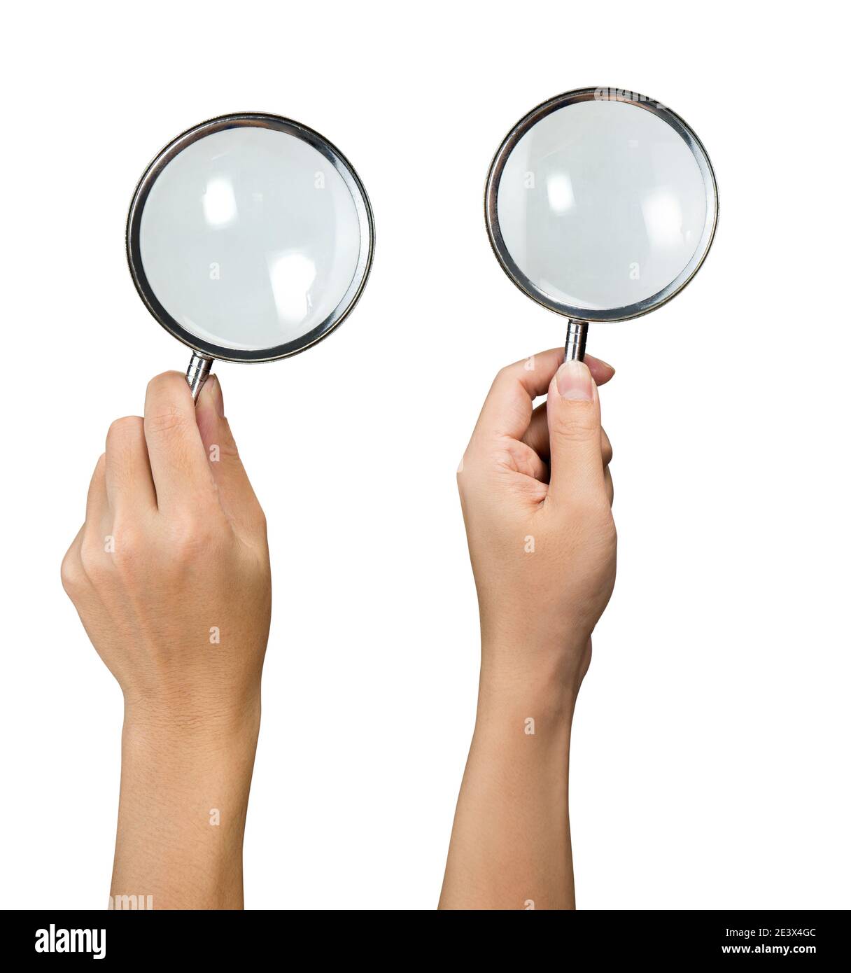 Hand holding magnifying glass isolated on white Stock Photo - Alamy