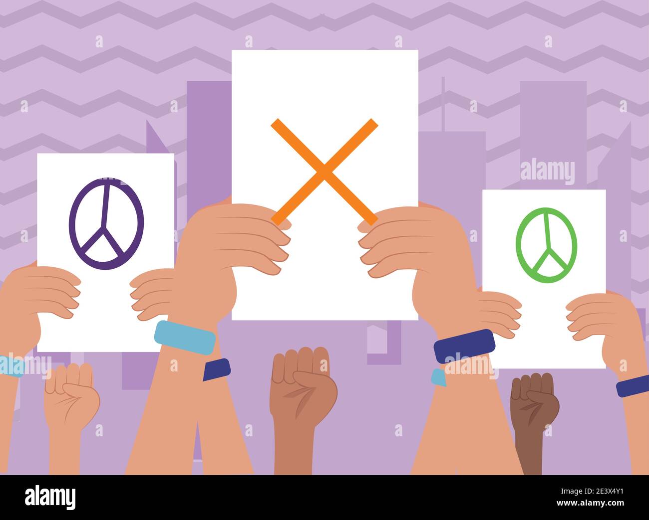 Protest hands holding paper with cross love and peace circle design ...